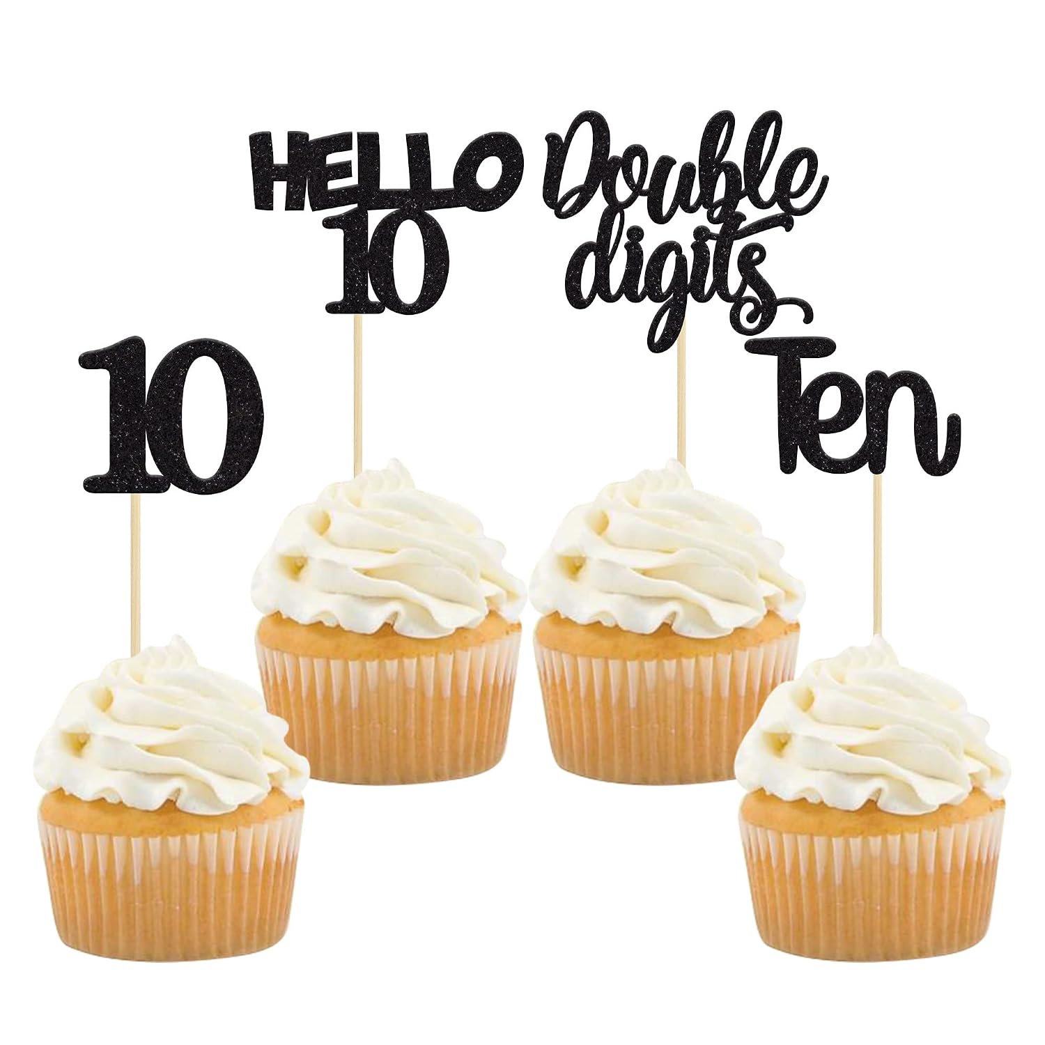 Amazon.com: Gyufise 24Pcs Black Glitter 10th Birthday Cupcake Toppers ...