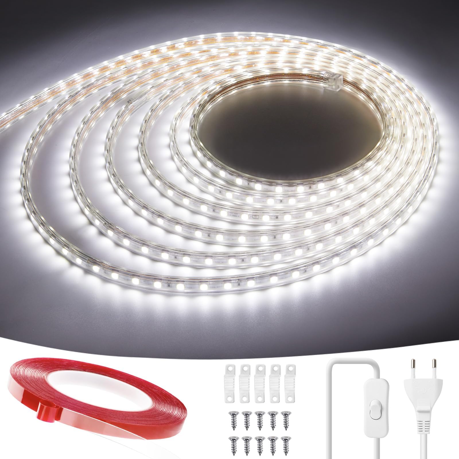 pcning 3M LED Strip 230V Direktanschluss 4000K Weiss Streifen, SMD 5730 ...