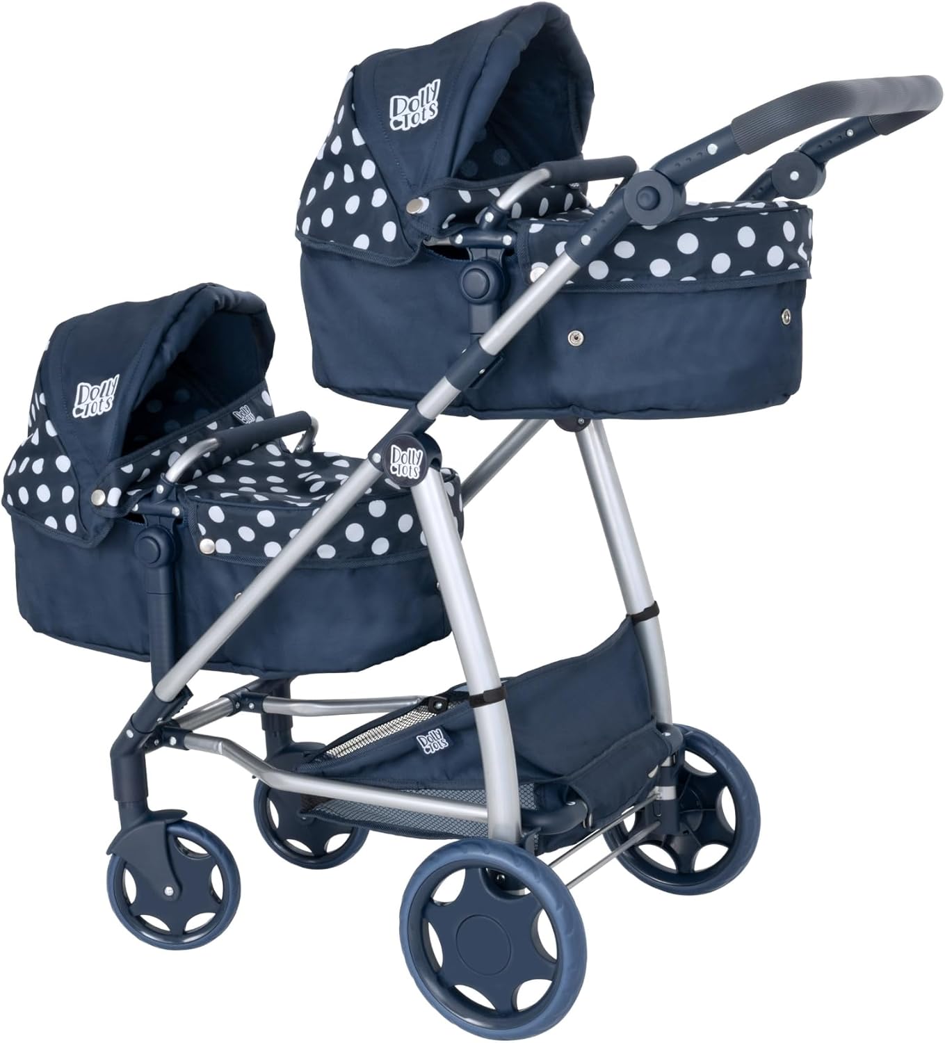 Dolly Tots Twin Pushchair | Navy Polka Dot Double Pushchair | Double ...