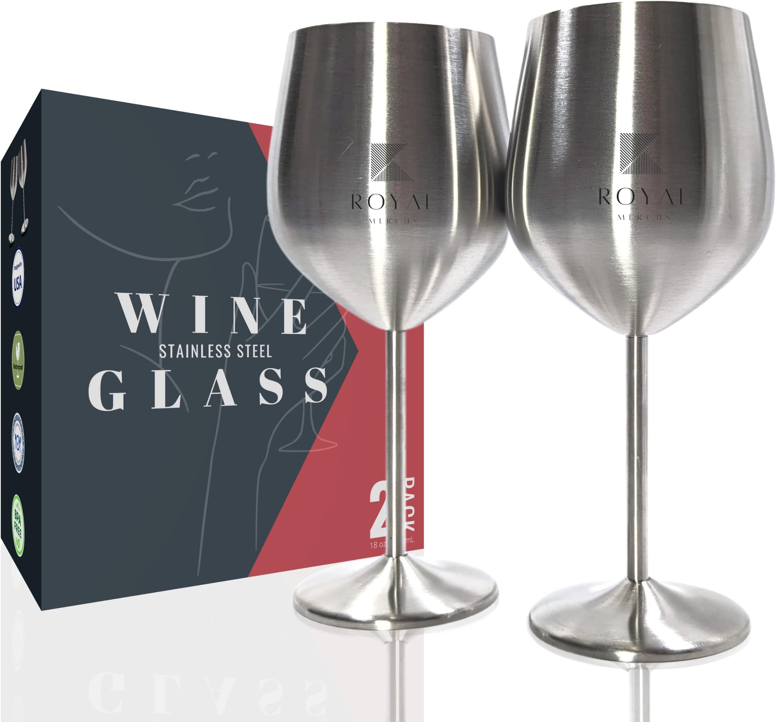 Amazon.com | Oak & Steel - 2 Silver Stainless Steel Wine Glasses (18 Oz ...