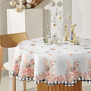 Amazon.com: DISENB Easter Round Tablecloth 70 Inch, Buffalo Plaid Bunny ...