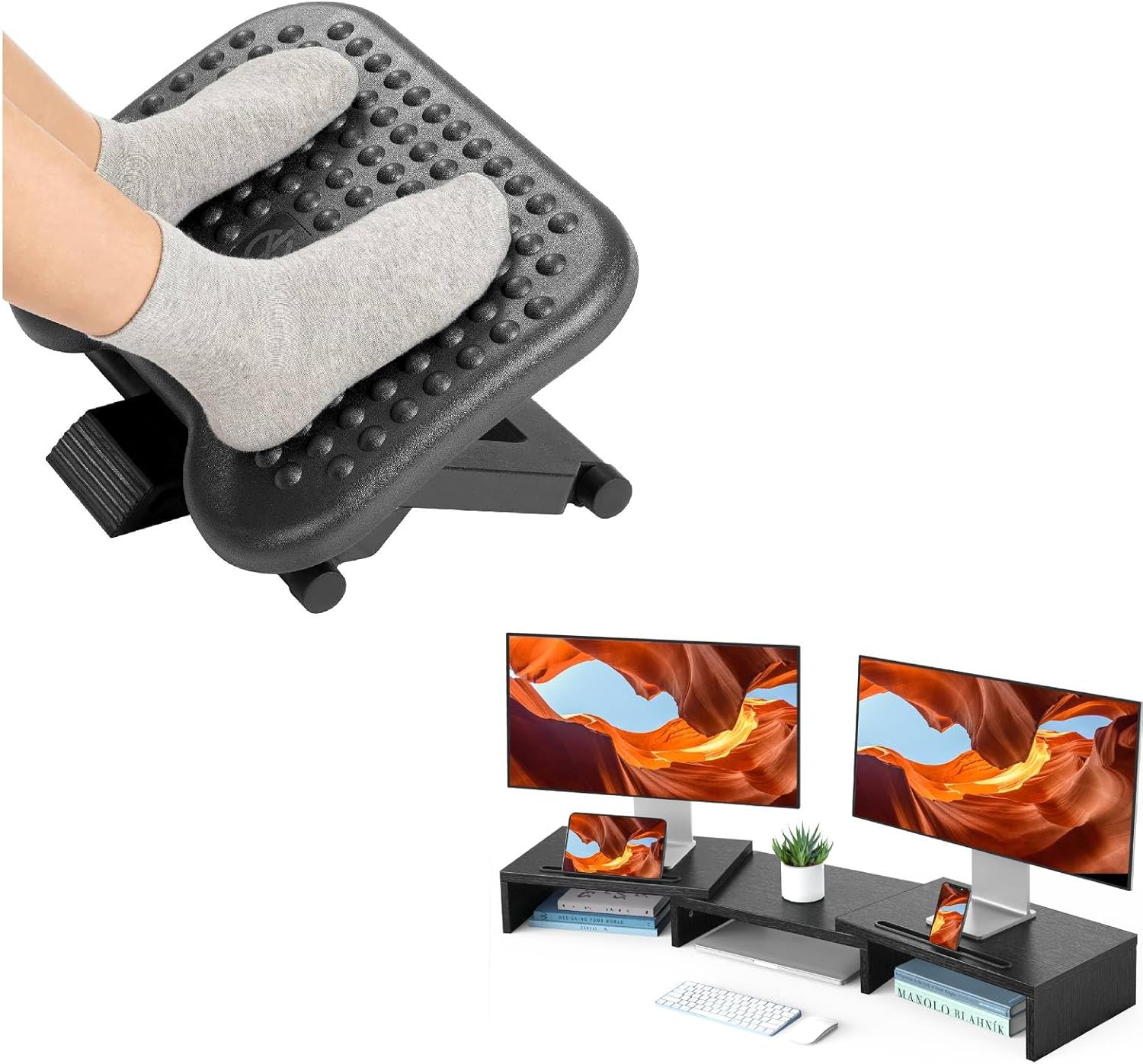 Amazon.com : HUANUO Adjustable Under Desk Footrest, Dual Monitor Stand ...
