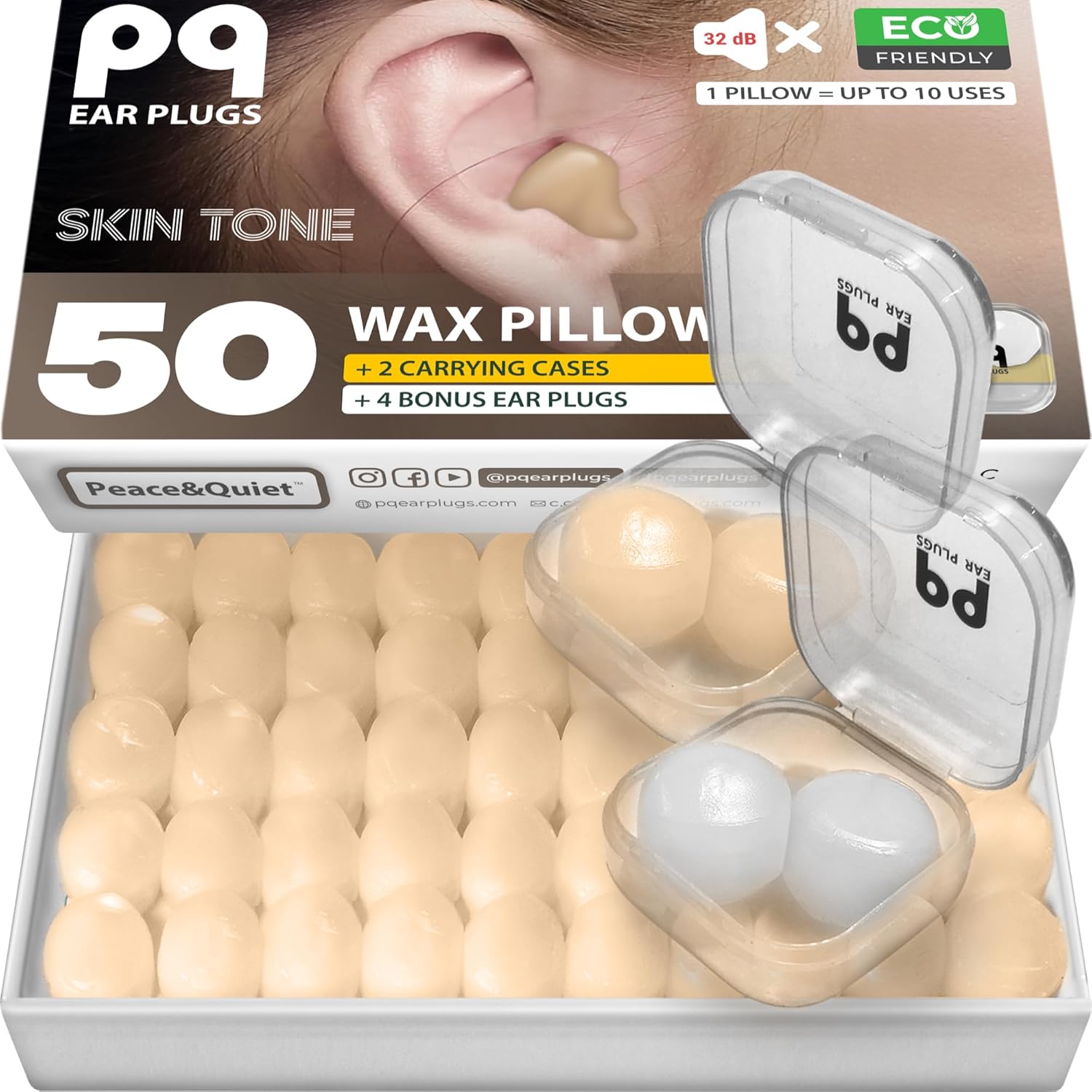 Amazon.com: Peace&Quiet Wax Ear Plugs for Sleeping, Swimming - 50 Noise ...