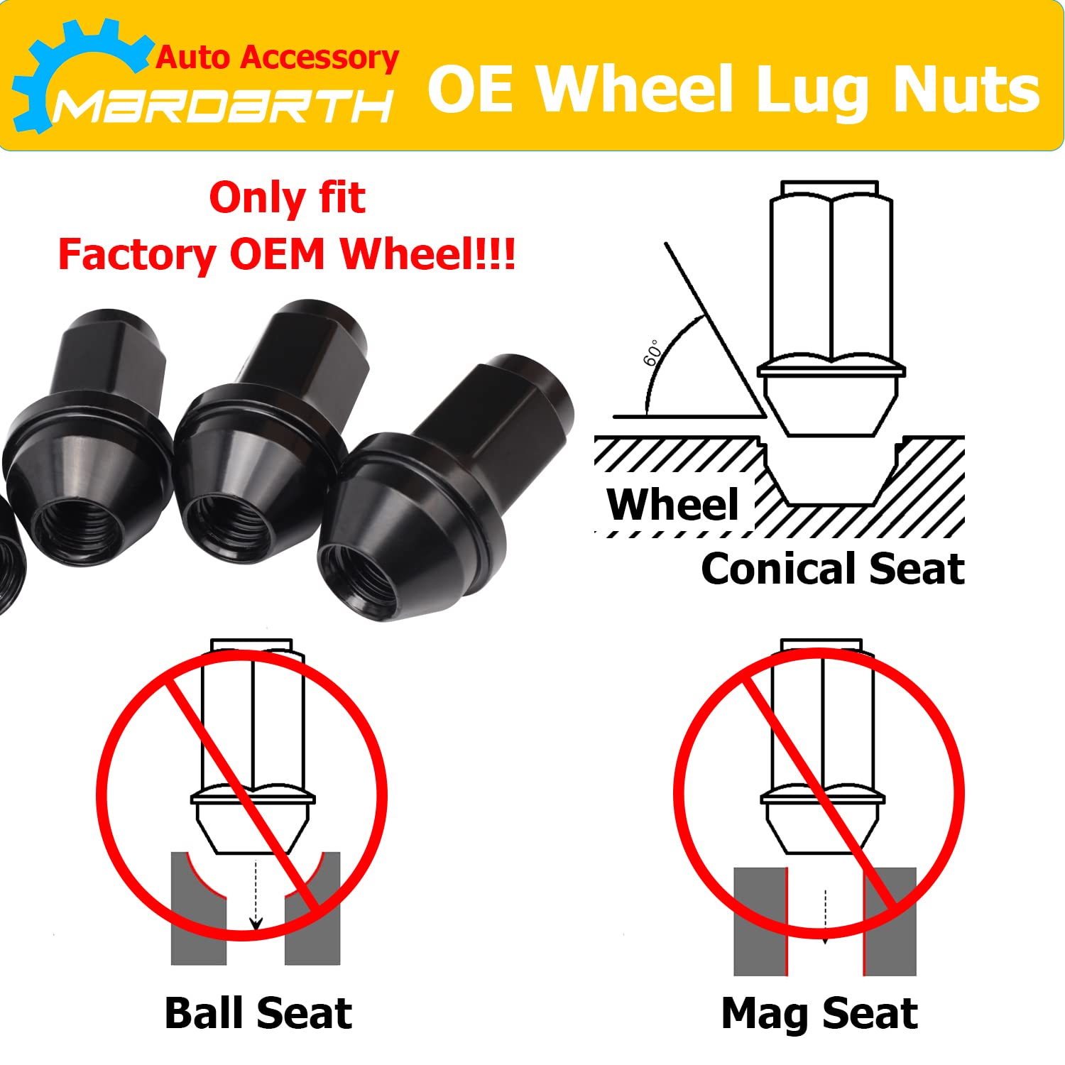 Set of 24, 14x2.0mm 13/16 Hex OEM Factory Style Large Acorn Seat Lug ...