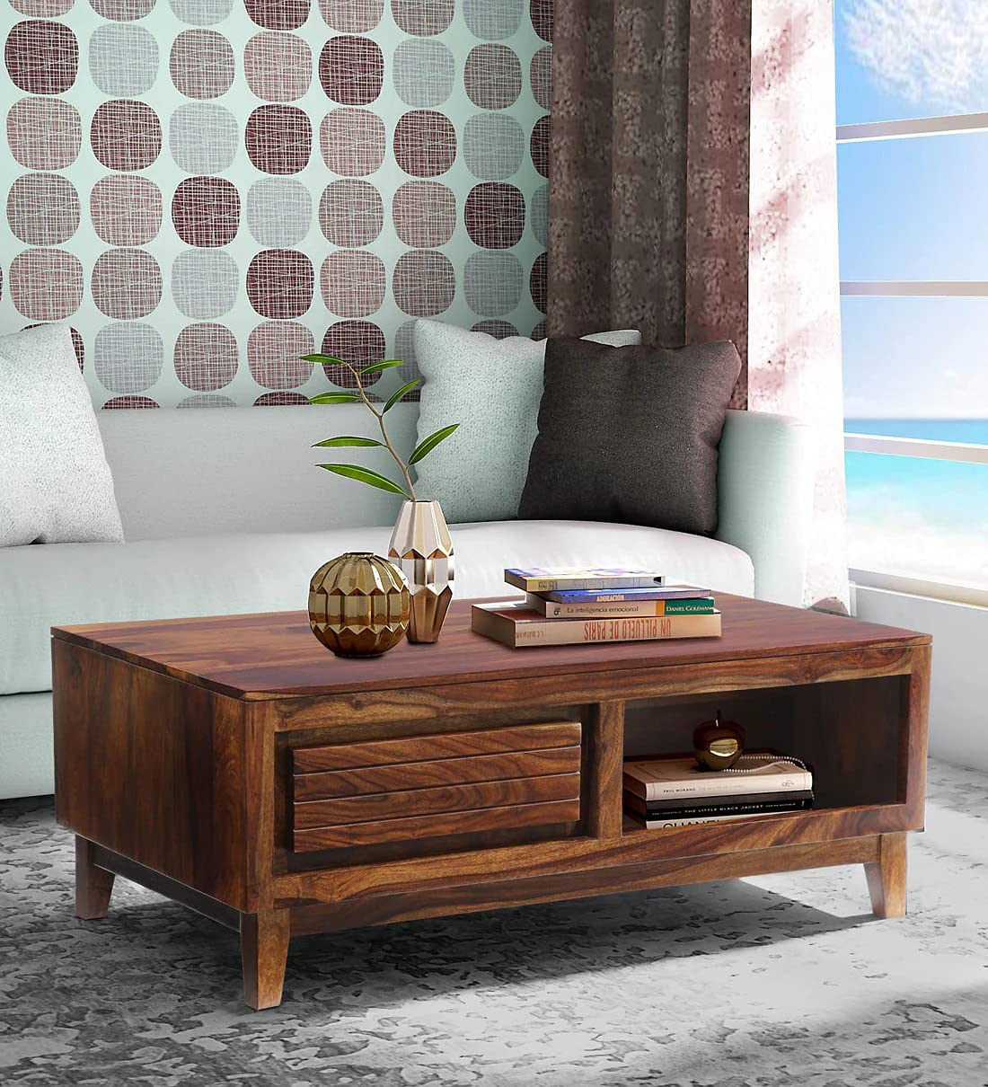 Woodstage Solid Sheesham Wood Center Coffee Table with Drawer Storage ...