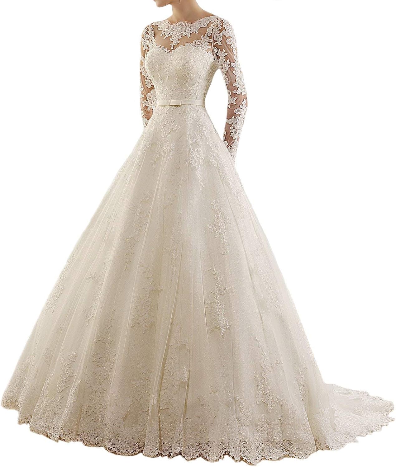 Miao Duo Women's Wedding Dress for Bride Lace Applique Long Sleeve ...