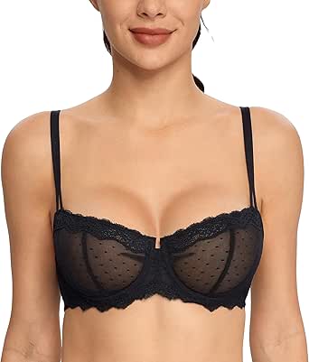 HACI Women's Lace Mesh Balconette Bra Sheer Demi Scoop Neck Push Up Plus Size Sexy Full Coverage ...