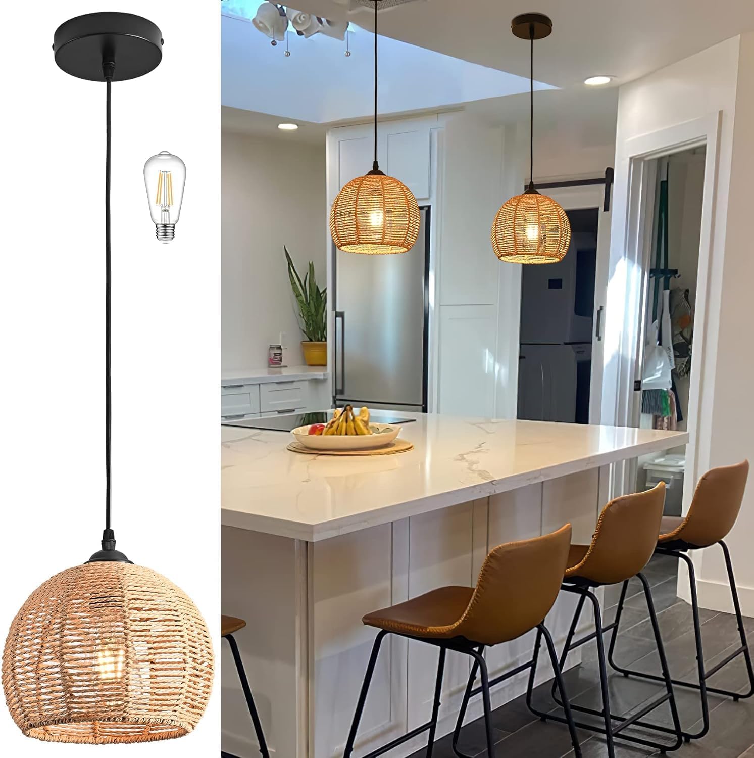 Mini Hemp Rope Woven Pendant Light, Boho Rattan Dome Chandelier Light ...