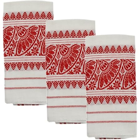 Assamese Poly Cotton Japi Design Gamcha (Pack-3), White and Red ...