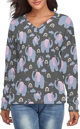 Cute Cartoon Elephant Pattern Womens Sweaters V Neck Long Sleeve ...