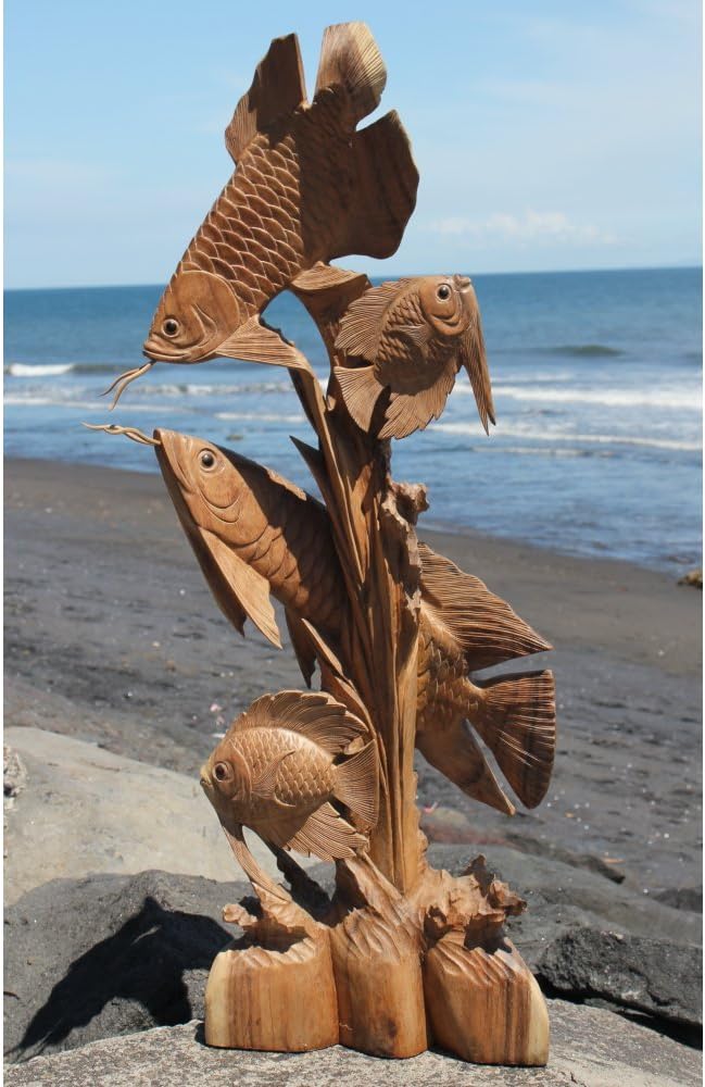 Amazon.com: Natural Wooden 4 Piece Tropical Fish Carving | 100cm : Home ...