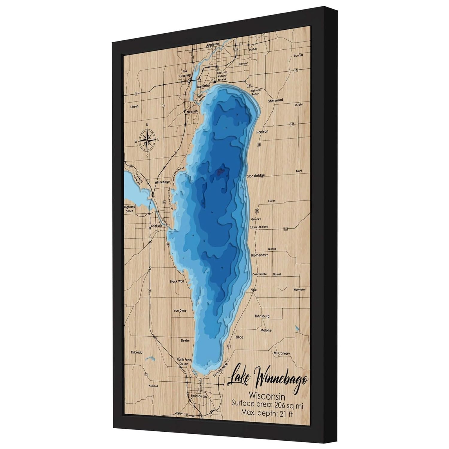 Amazon.com: Personalized 3D Lake Winnebago Wood Map - Lake Depth Map ...