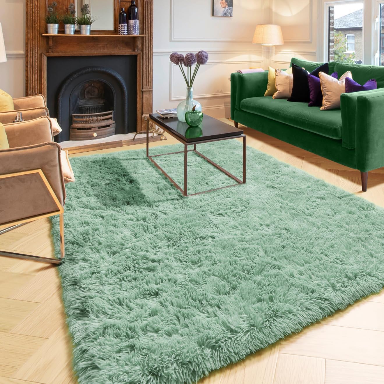 Amazon.com: Sage Green Fluffy Living Room rugs, Furry Area Rug 5x8 for ...