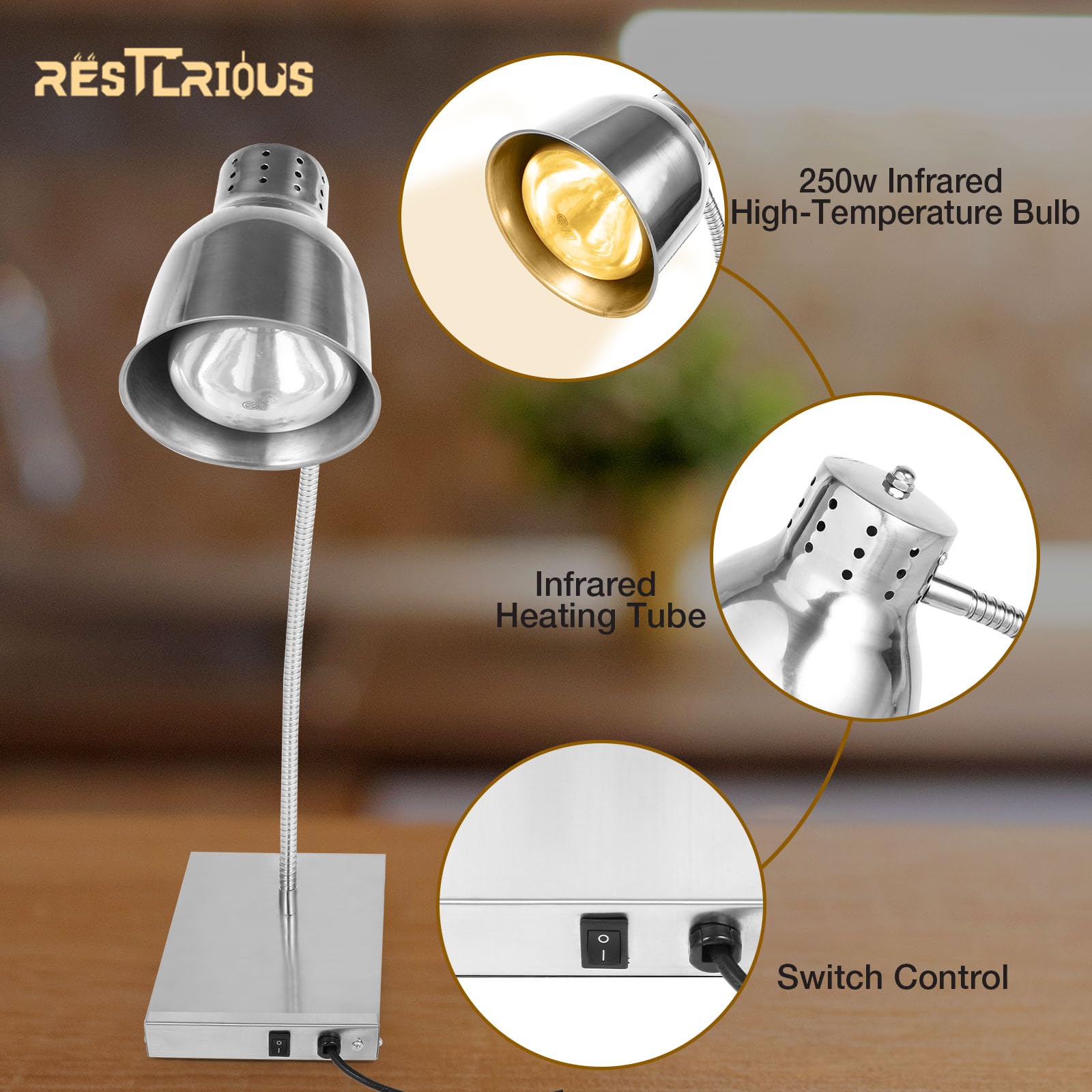 Restlrious Food Heat Lamp with 250w Bulb, Commercial Stainless Steel ...