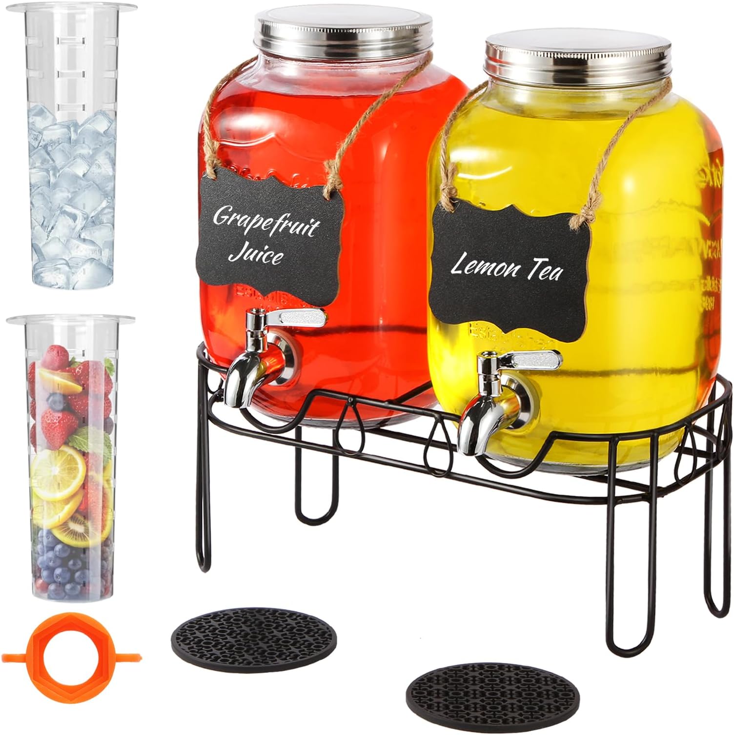 Amazon.com | 1 Gallon Glass Drink Dispenser Set - 2 Glass Beverage ...