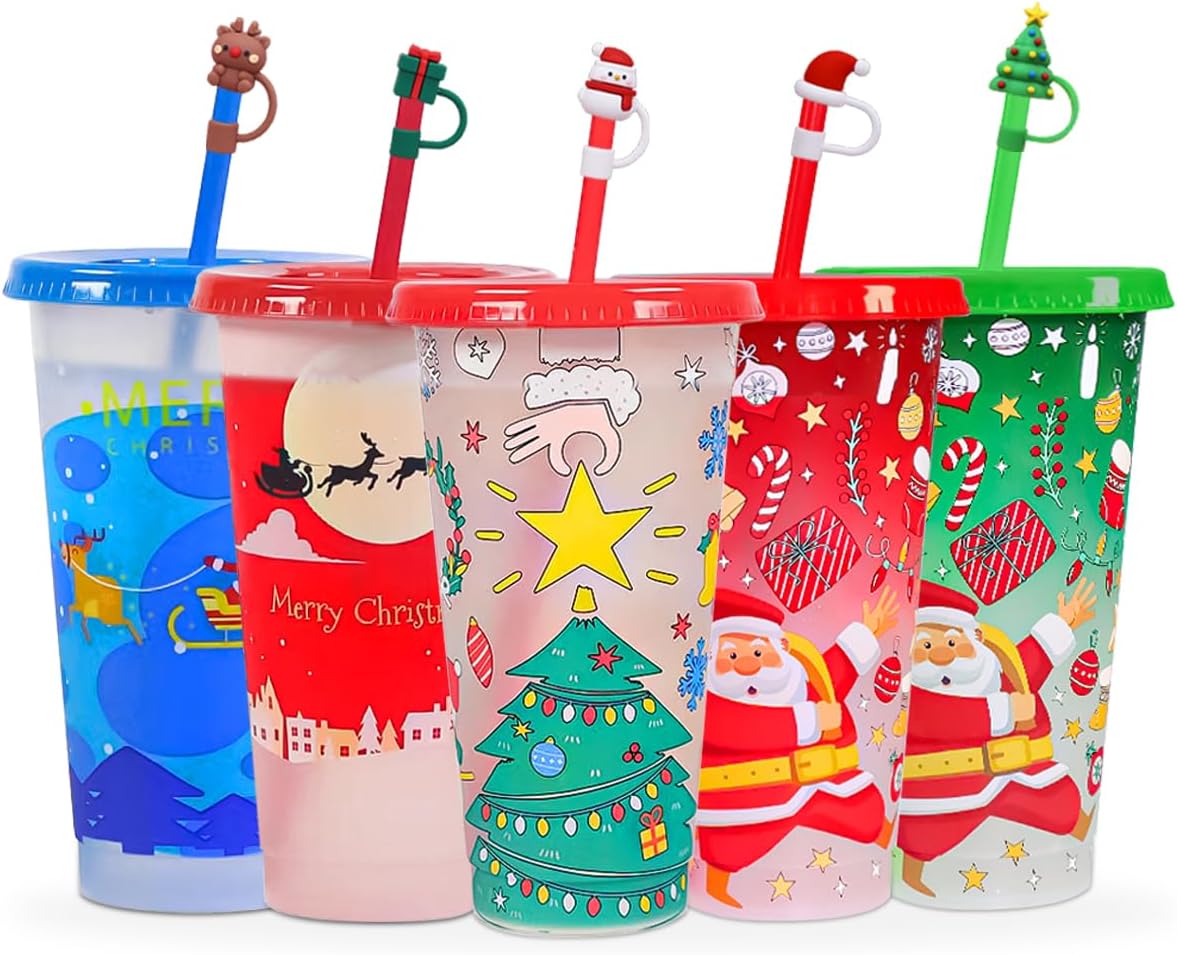 Amazon.com | Christmas Color Changing Cups with Lids and Straws 5 Pack ...