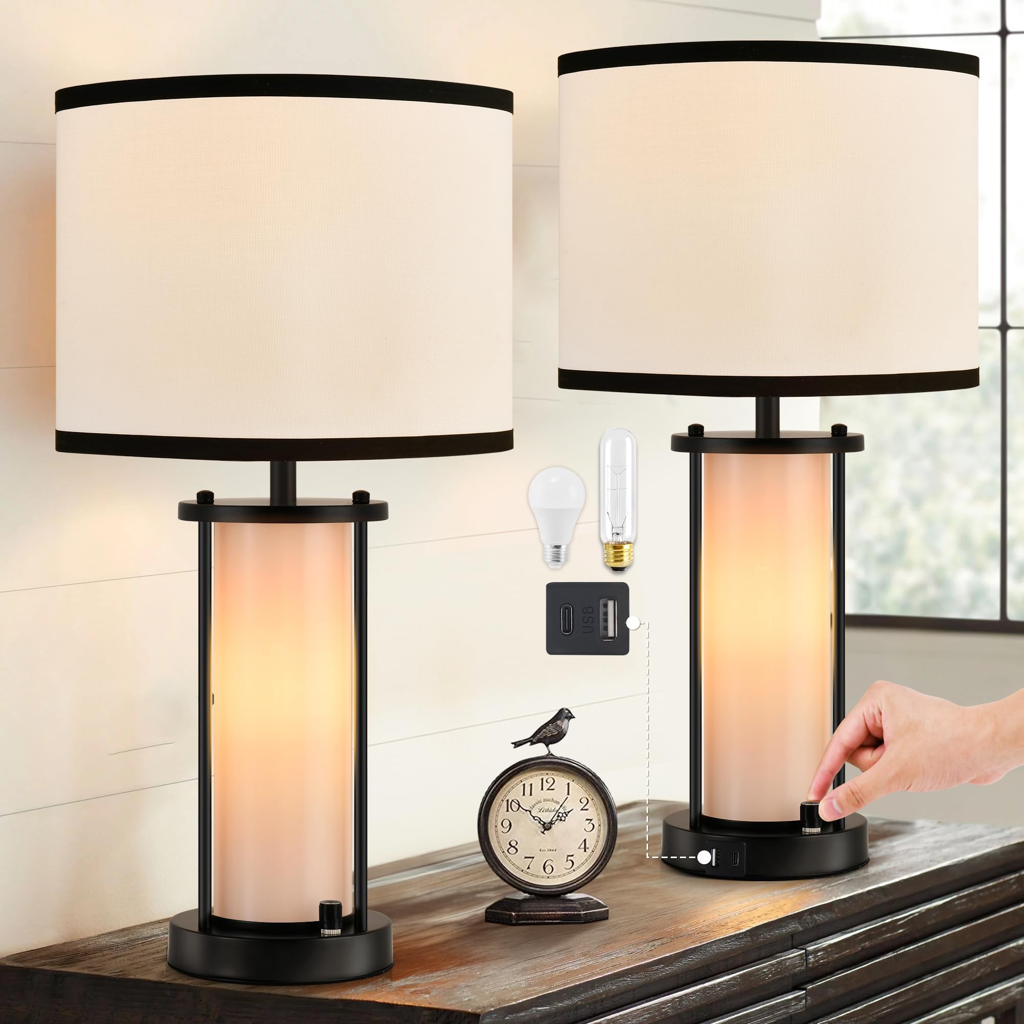 LEDIARY Lamps for Bedrooms Set of 2, 20" Farmhouse Bedside Lamps with ...