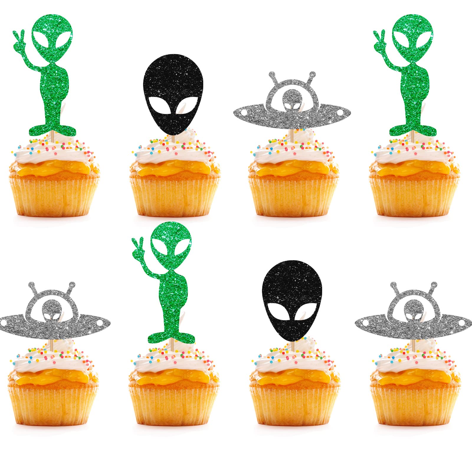 Amazon.com: Alien Cupcake Toppers, Black & Green Glitter ET UFO Space ...