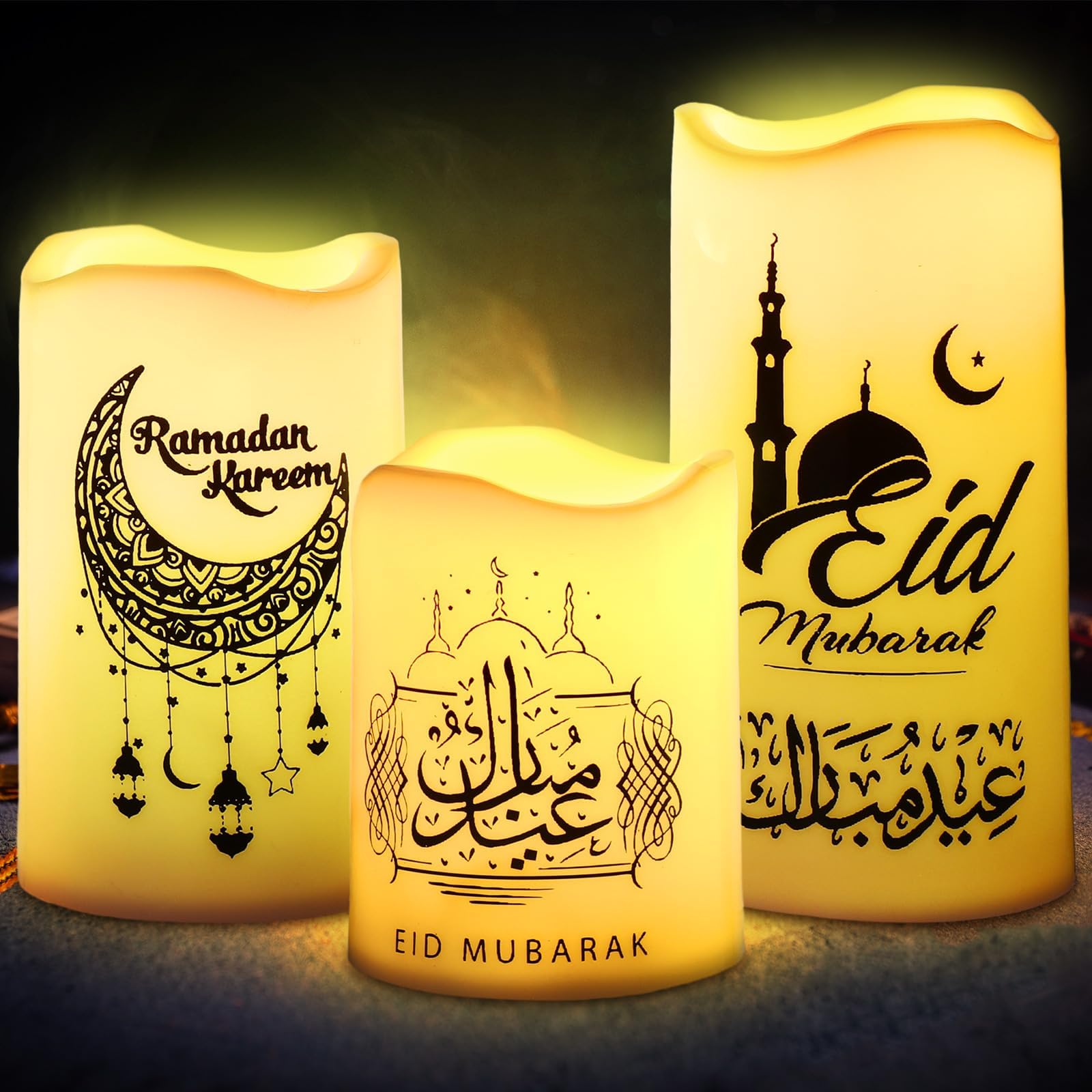 Amazon.com: Tujoe 3 Pcs Eid Mubarak Flickering Flameless Candles ...