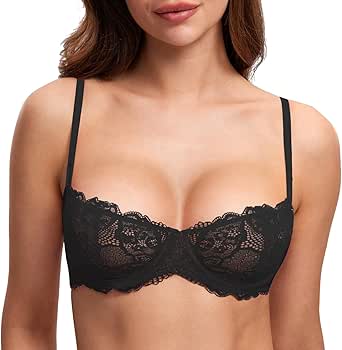 DOBREVA Women's Balconette Push Up Bra Sexy Lace Plus Size Unlined Sheer Underwire at Amazon ...