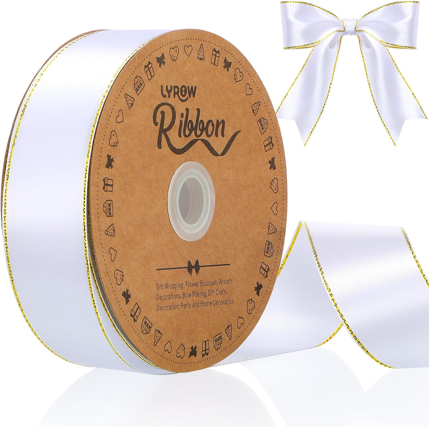 Amazon.com: Lyrow 100 Yards White Satin Ribbon with Gold Edges 1.5 Inch ...