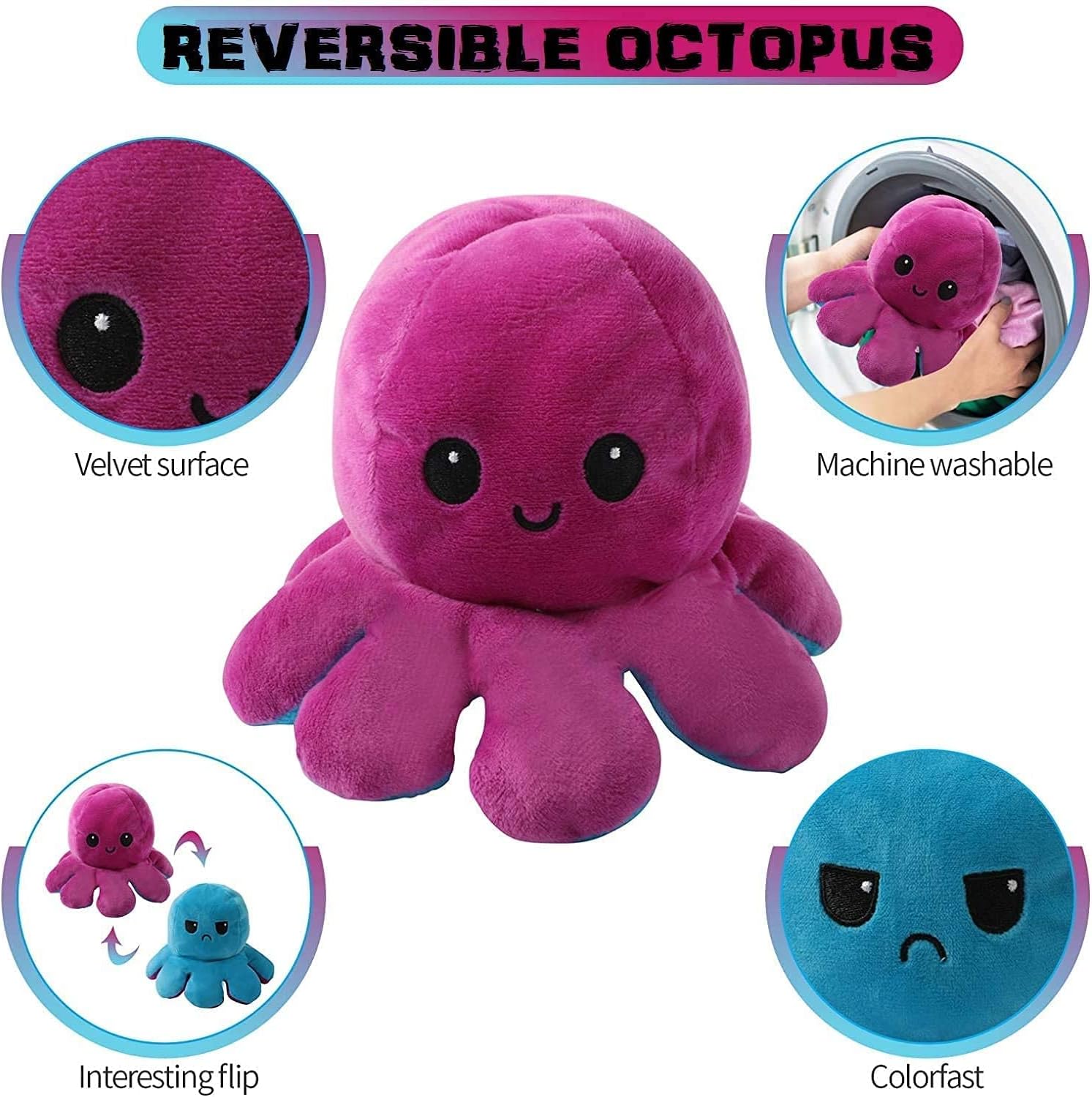 Plushie Reversible Octopus Plush, Double-Sided Flip Mood Octopus Doll ...