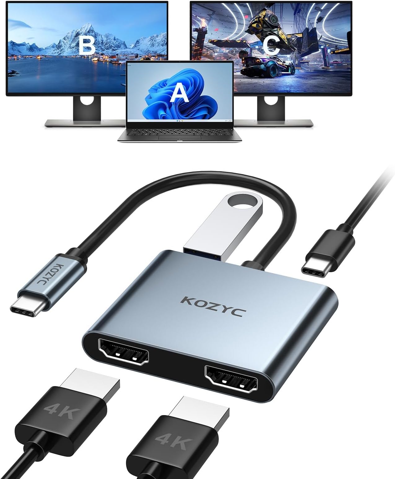 Amazon.com: Adaptador USB C a HDMI dual 4K a 30Hz, adaptador multipuerto KOZYC USB C Hub con 2 ...