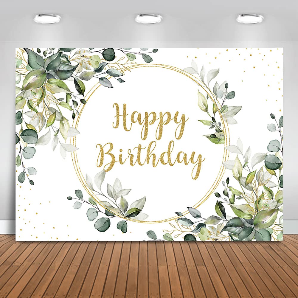 Mocsicka Greenery Gold Birthday Backdrop Eucalyptus Happy Birthday ...