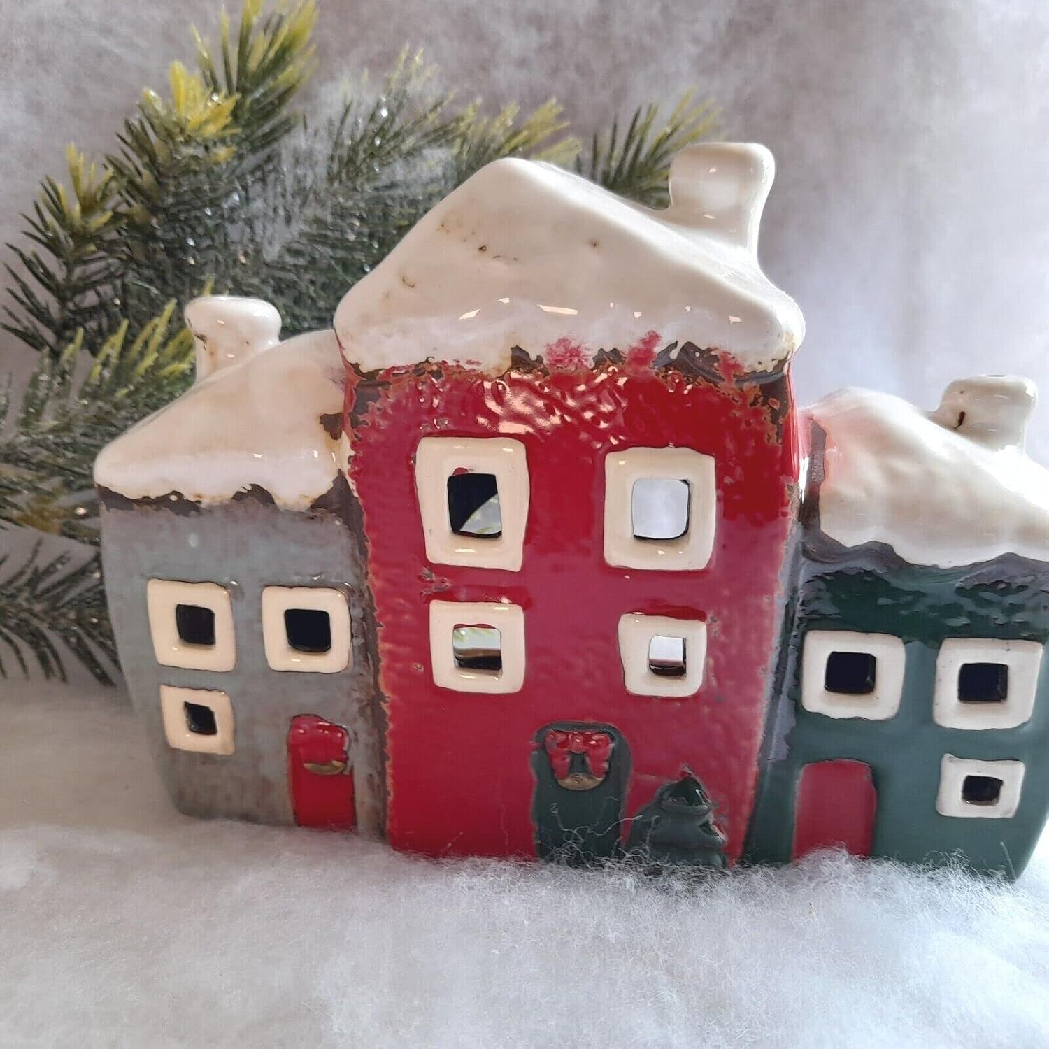 Village Pottery Christmas Three House Cottages Tea Light Holder Red ...