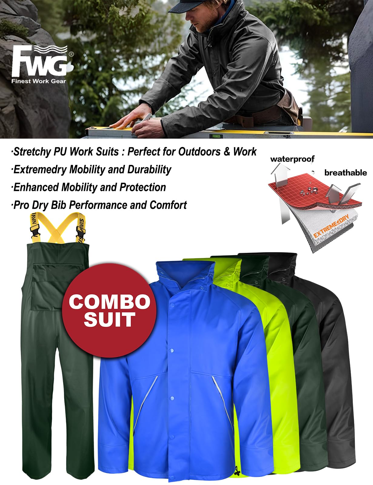 Workwear Ultimate Waterproof Stretch Rain Jacket & Bib Pants Combo Suit ...