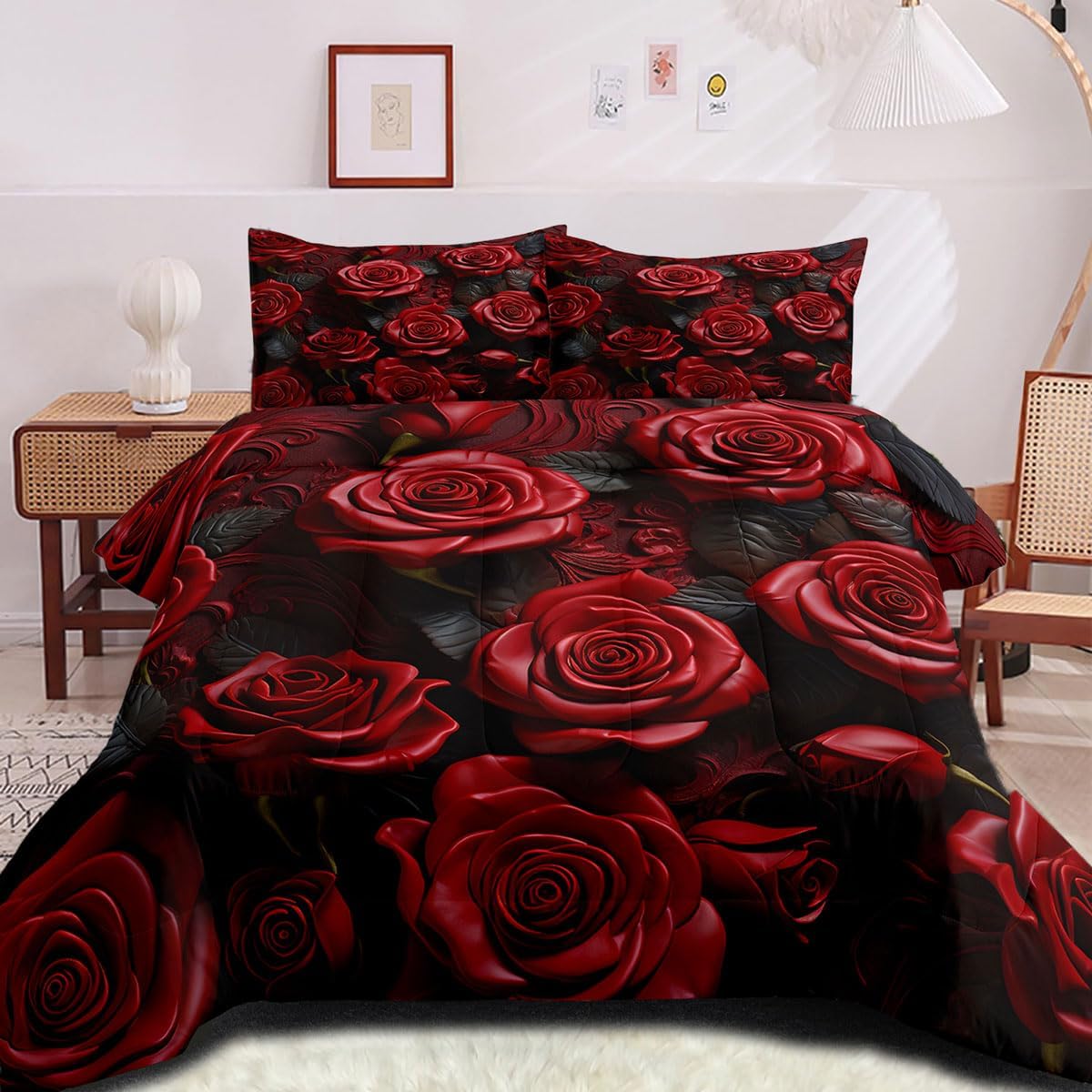 Amazon.com: CCoutueChen 3D Red Rose Comforter Set Queen Size Valentine ...