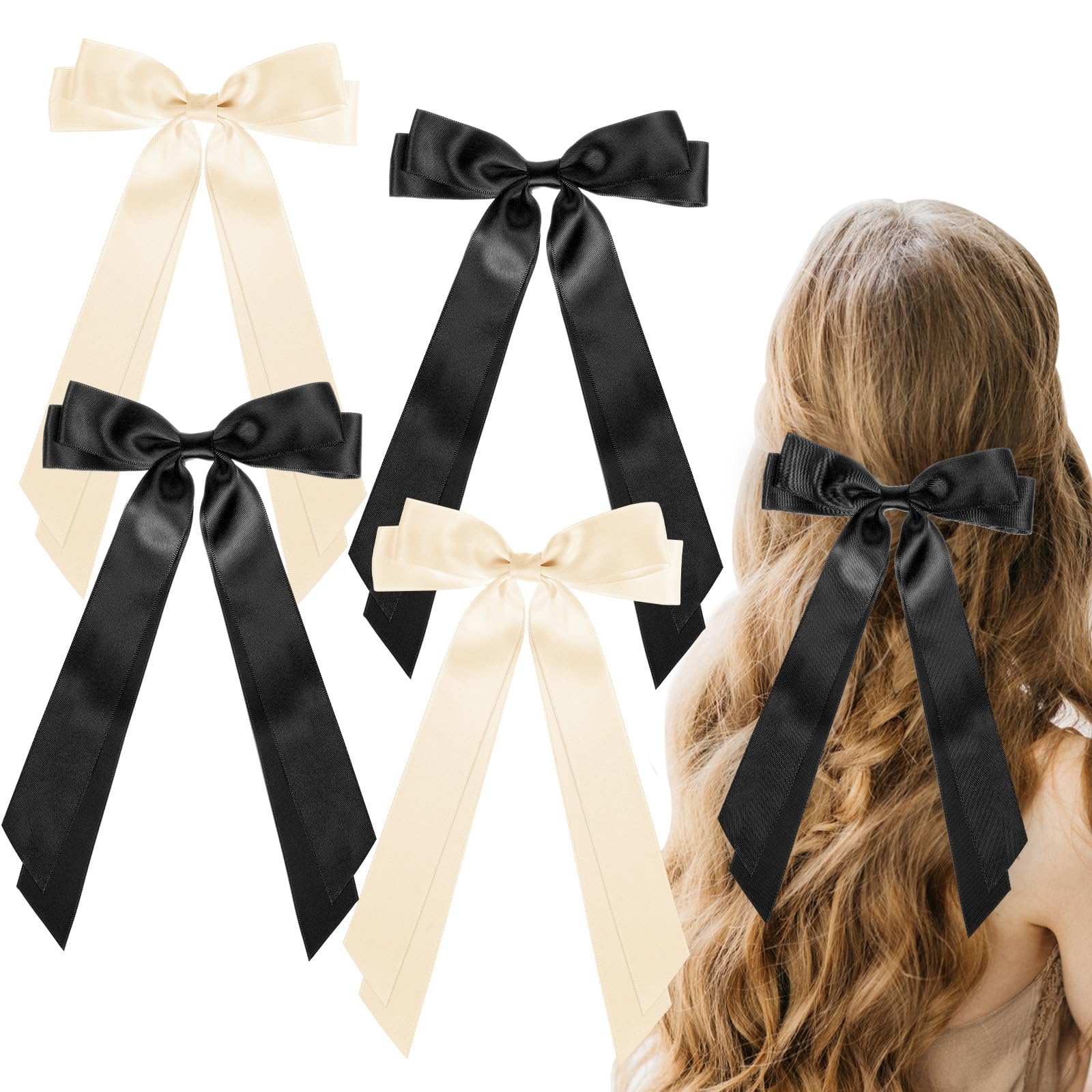 4 Pack Bow Hair Clip, Solid Color Hair Bows for Women Silky Satin Hair ...