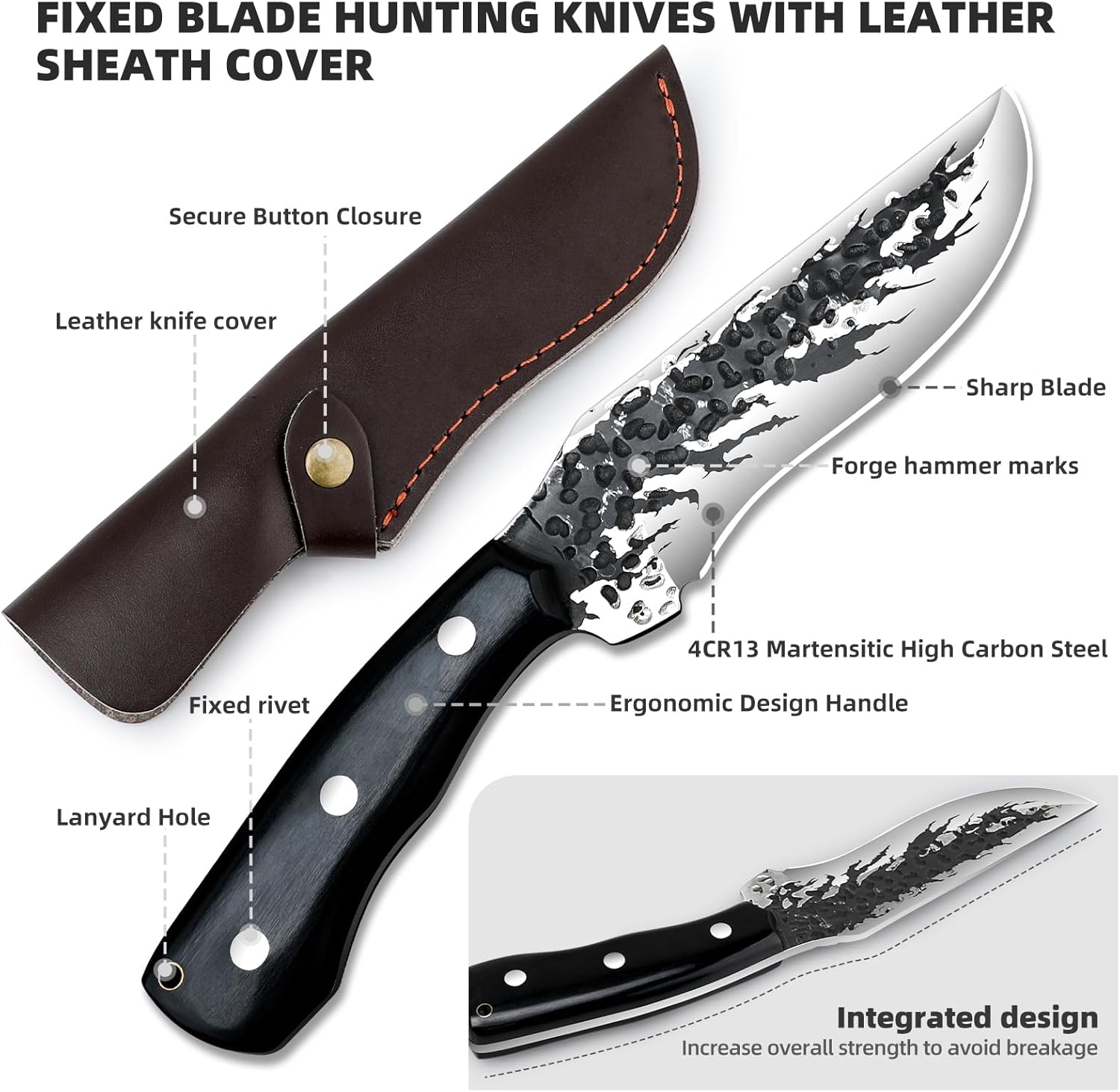 Cuchillo de hoja fija con funda, cuchillos de caza de hoja fija Forge ...