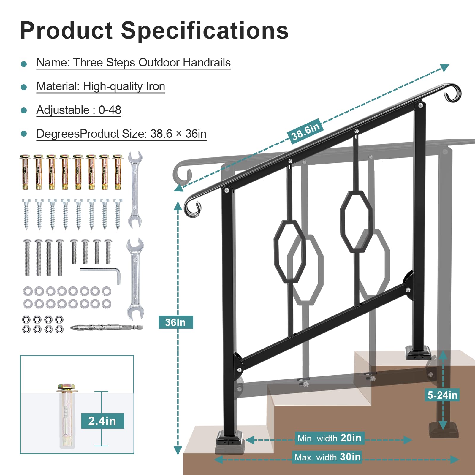 Snapklik.com : Handrails For Outdoor Steps, Fit 2 Or 3 Steps Outdoor Stair Railing, Black ...