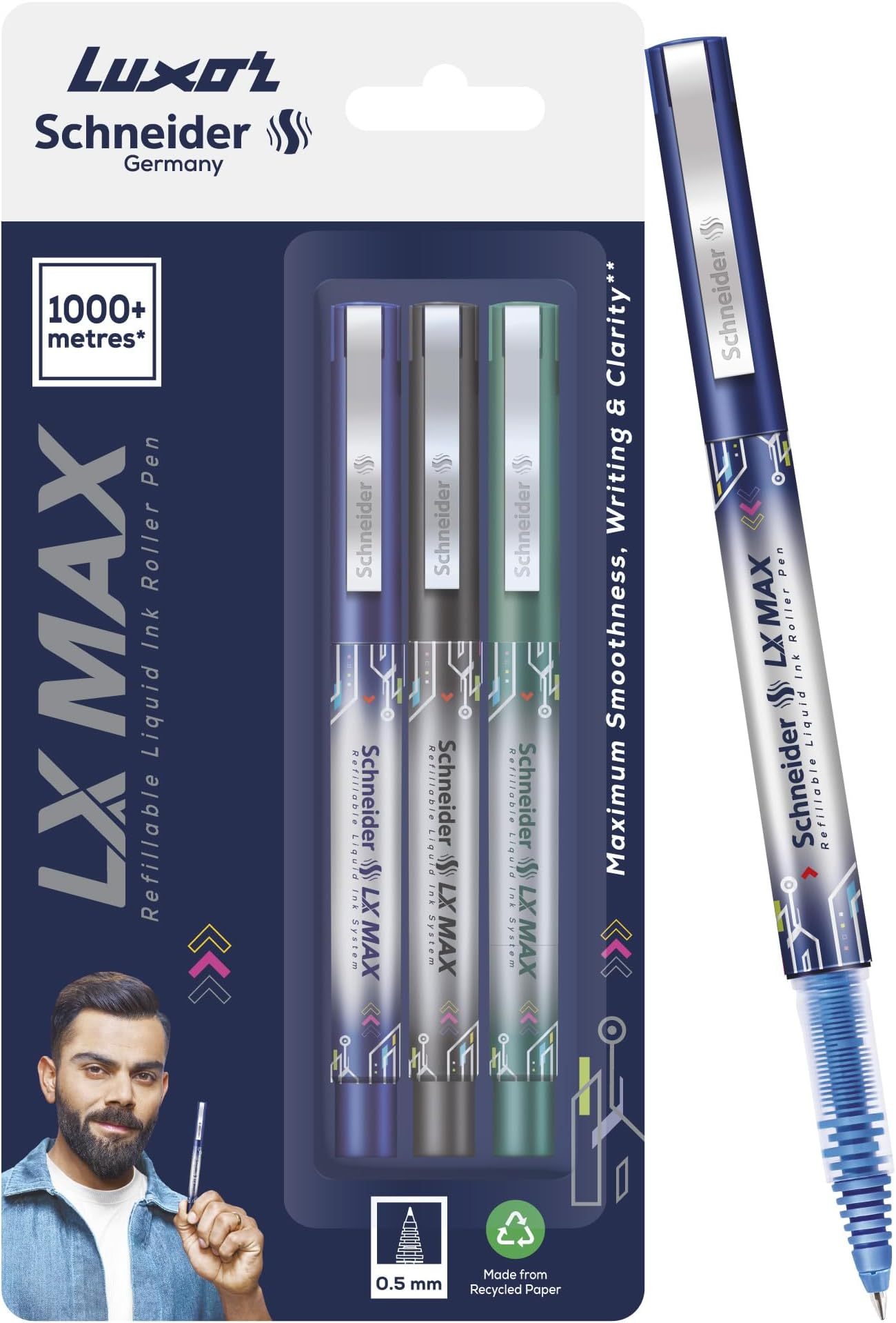 Luxor Schneider LX MAX roller ball pen, Pack of 3-Blue+Black+Green ...