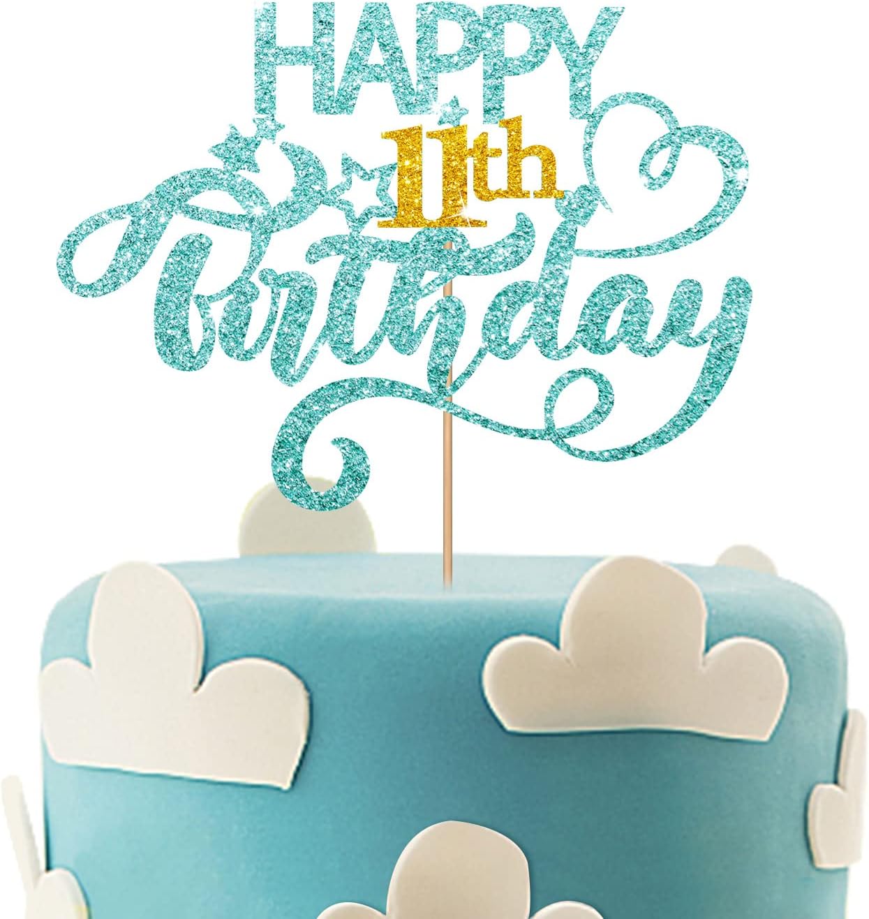Amazon.com: Sky Blue Glitter Happy 11th Birthday Cake Topper, Eleven ...