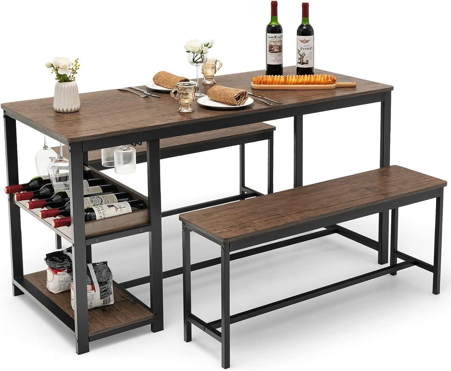 TANGZON Dining Table and 2 Bench Set, 3 Pieces Kitchen Dining Table Set ...