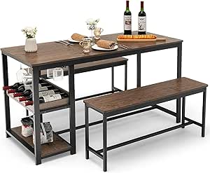 TANGZON Dining Table and 2 Bench Set, 3 Pieces Kitchen Dining Table Set ...