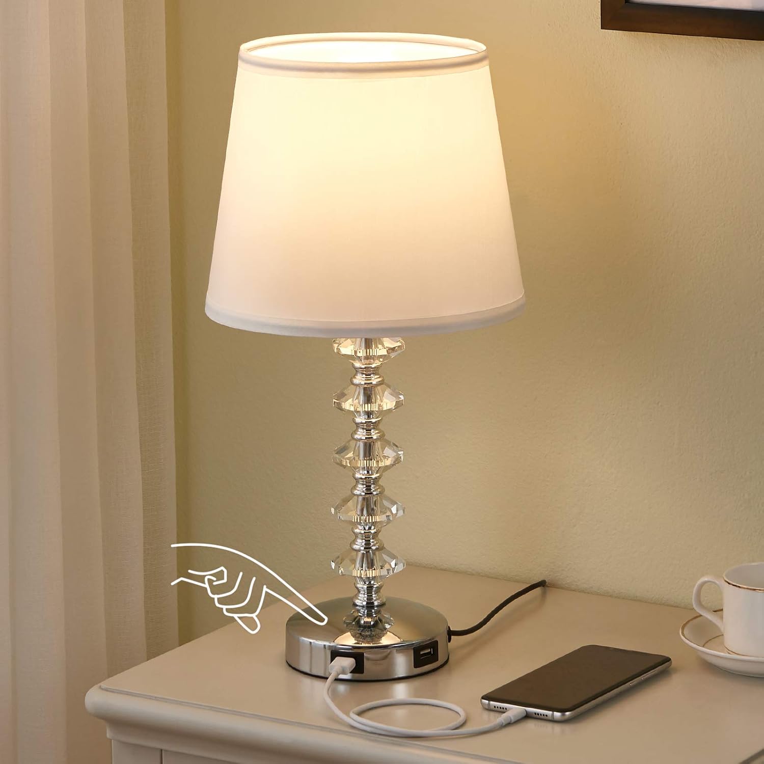 Kakanuo Touch Crystal Lamp For Bedroom With USB Ports White USB Kakanuo Touch Crystal Lamp For Bedroom With USB Ports White USB