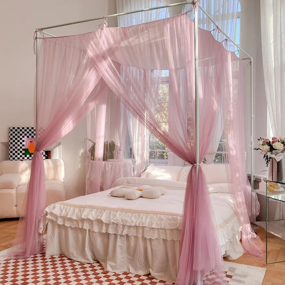SZHTFX Pink Mosquito Net for Double Bed 4 Corner Post Bed Canopy for ...
