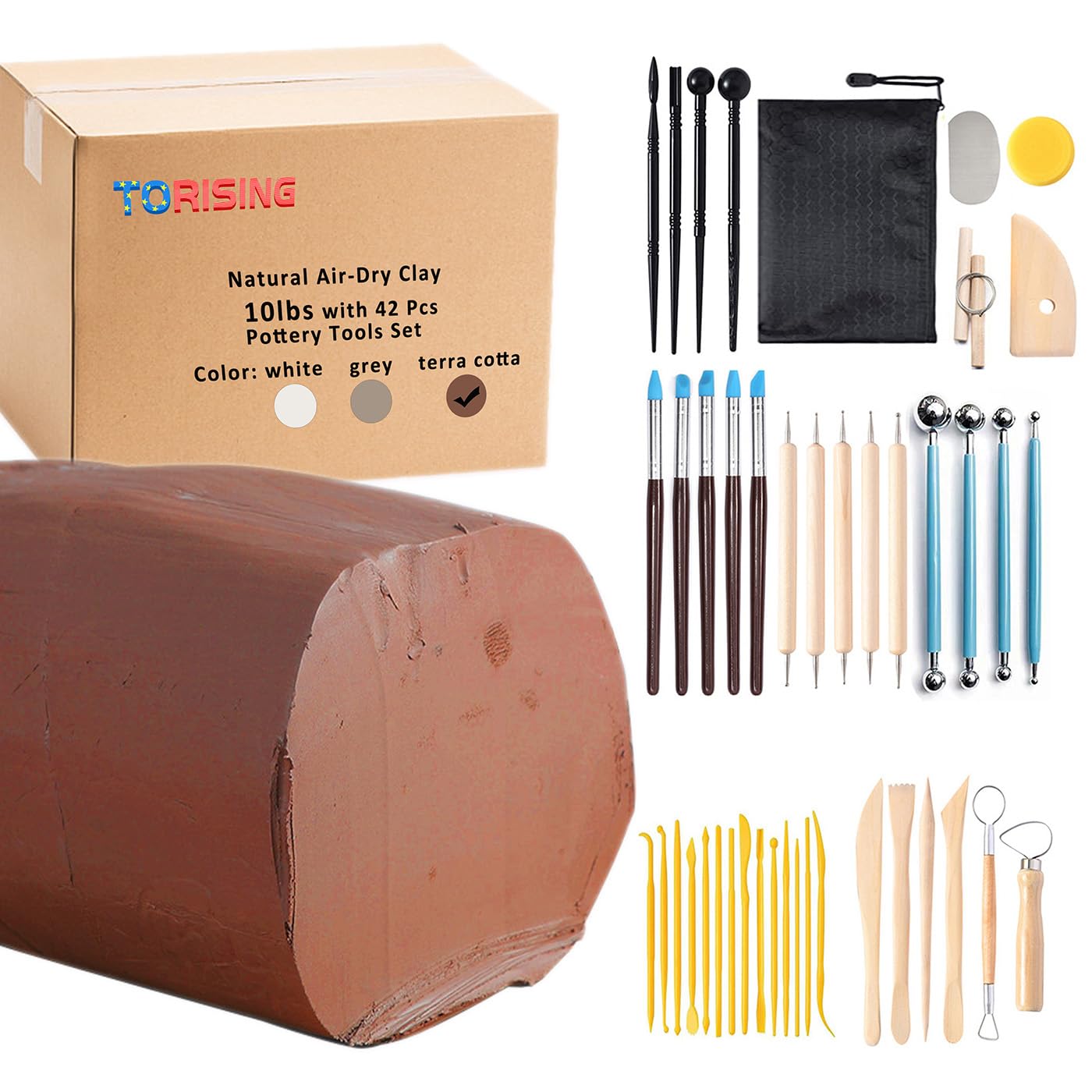 TORISING Air Dry Clay 10 LBs with 42 Pcs Set Pottery Tools Set, All ...