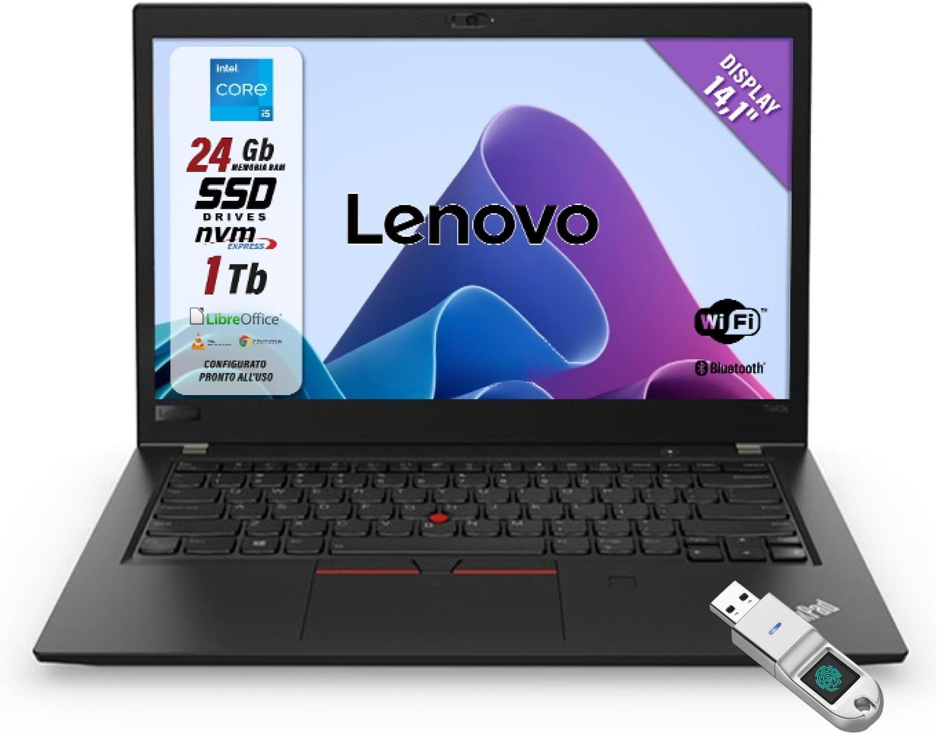 Lenovo, Pc portatile Intel Core i5, Ram 32 Gb, SSD 1 Tb, pronto all'uso ...