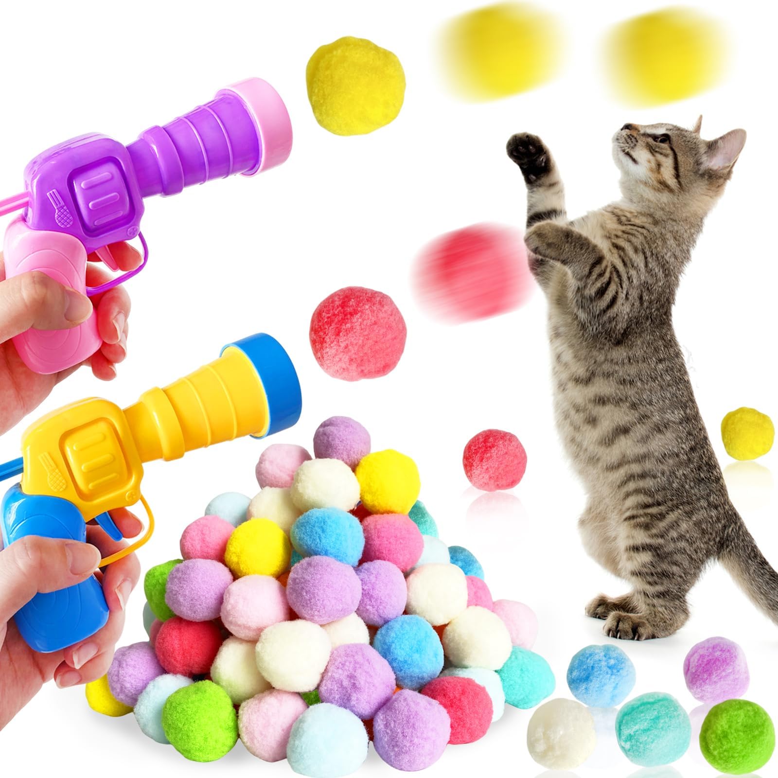 Amazon.com : Eerrhhaq 2 Cat Toy Launchers & 100 Cat Pom Pom Balls,Cat ...