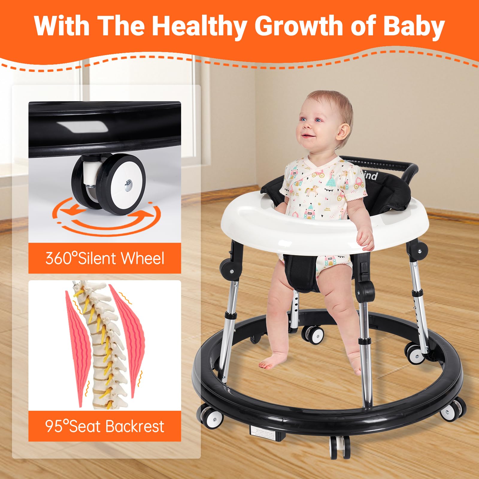 Wismind Baby Walker Foldable with 9 Adjustable Heights, Baby Walkers ...