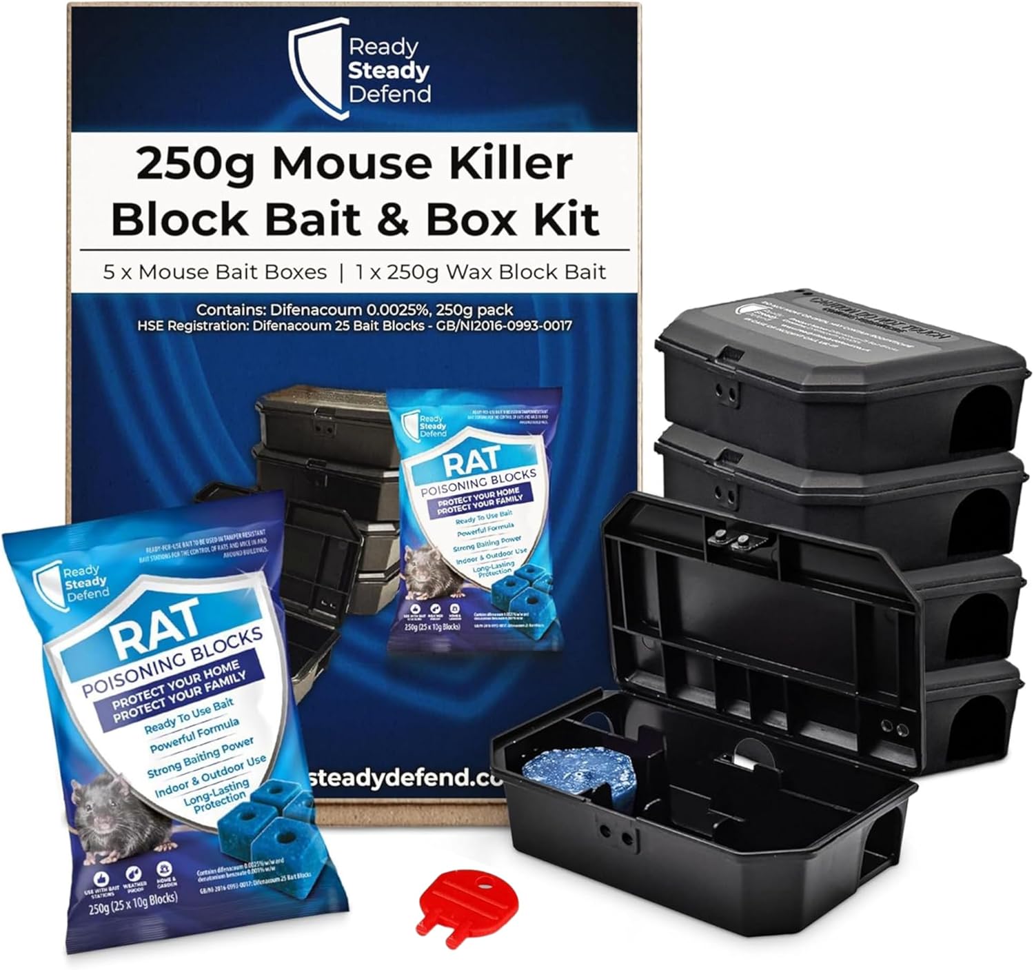 Mouse Killer Block Bait & Box Kit - 5 x Mouse Bait Boxes & 250g (25 x ...