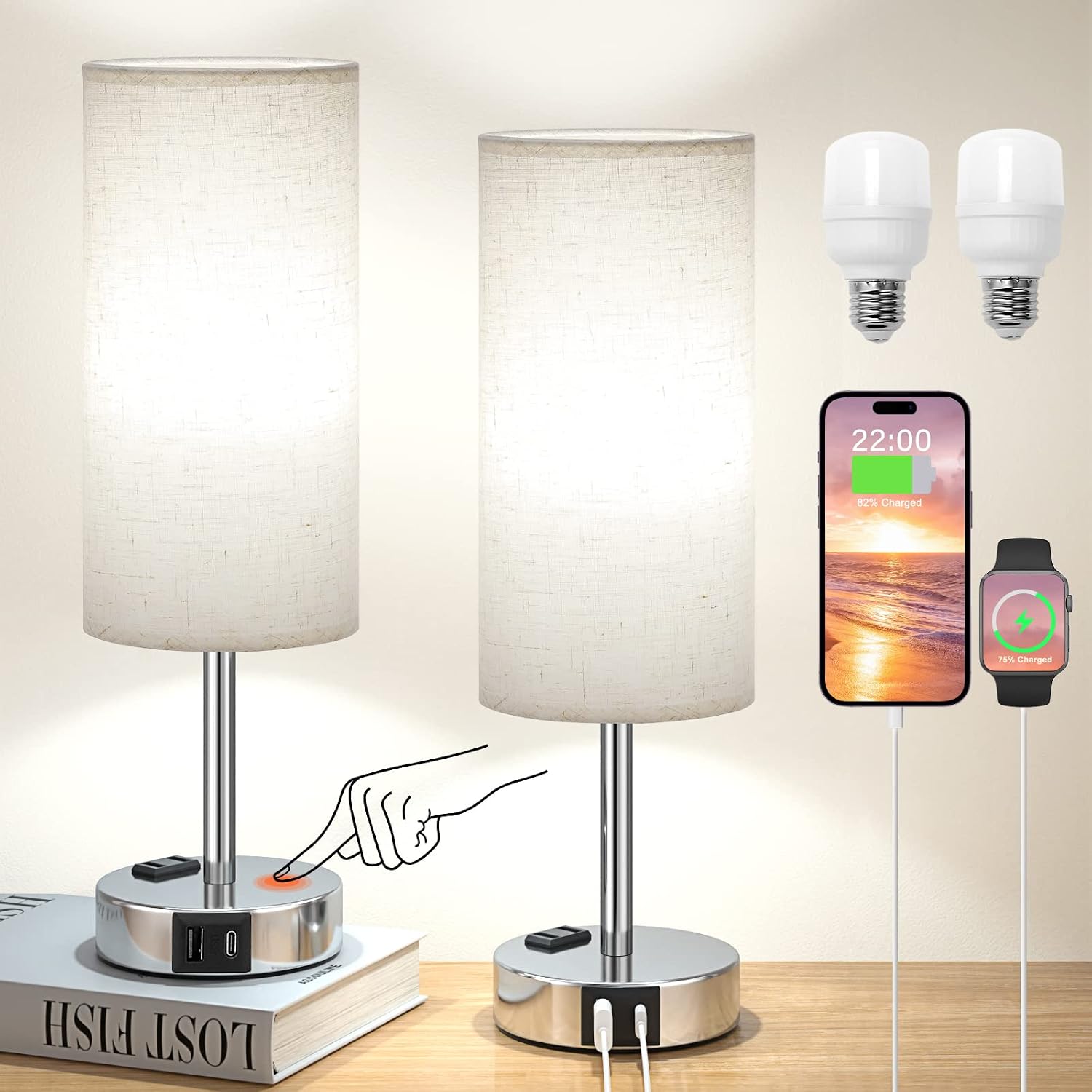 Amazon.com: Doowo Cream Touch Lamps for Bedrooms Set of 2-3 Way Bedroom ...