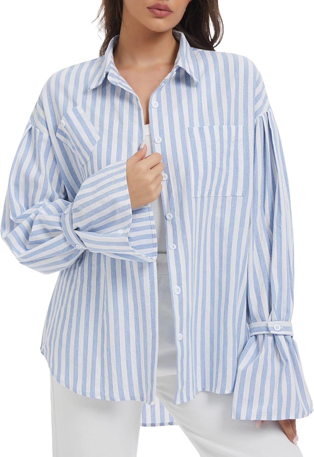 Amazon.com: Simlakey Women Striped Button Down Shirt Casual Oversized ...