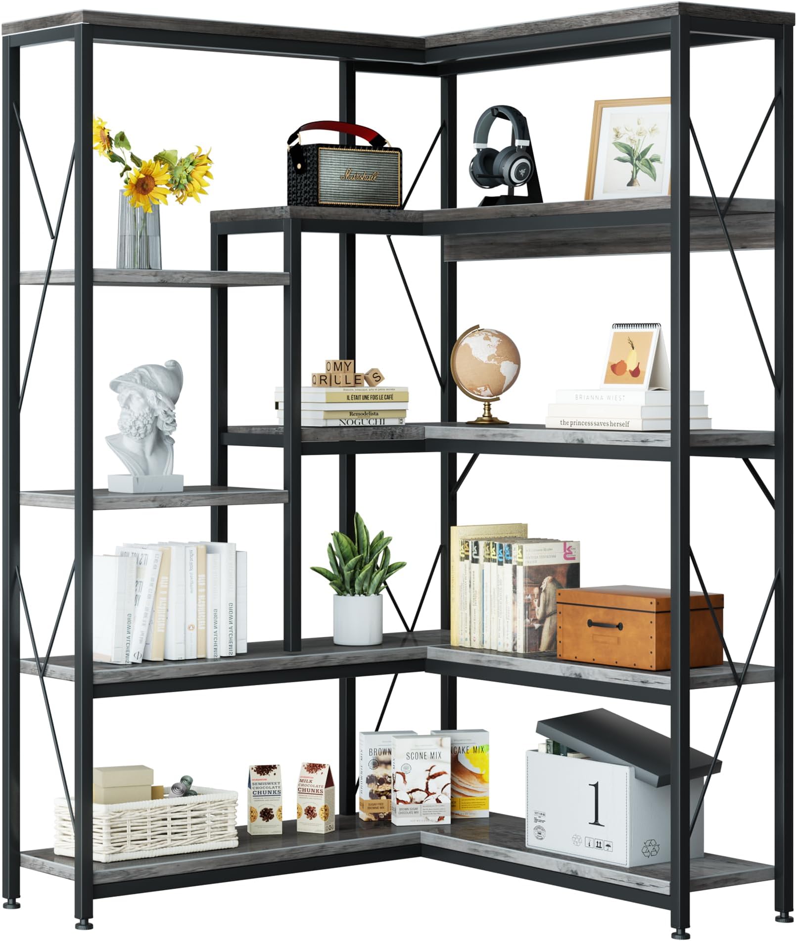 Amazon.com: Shintenchi 5 Tiers Corner Bookshelf, 70.86" Tall L-Shaped ...