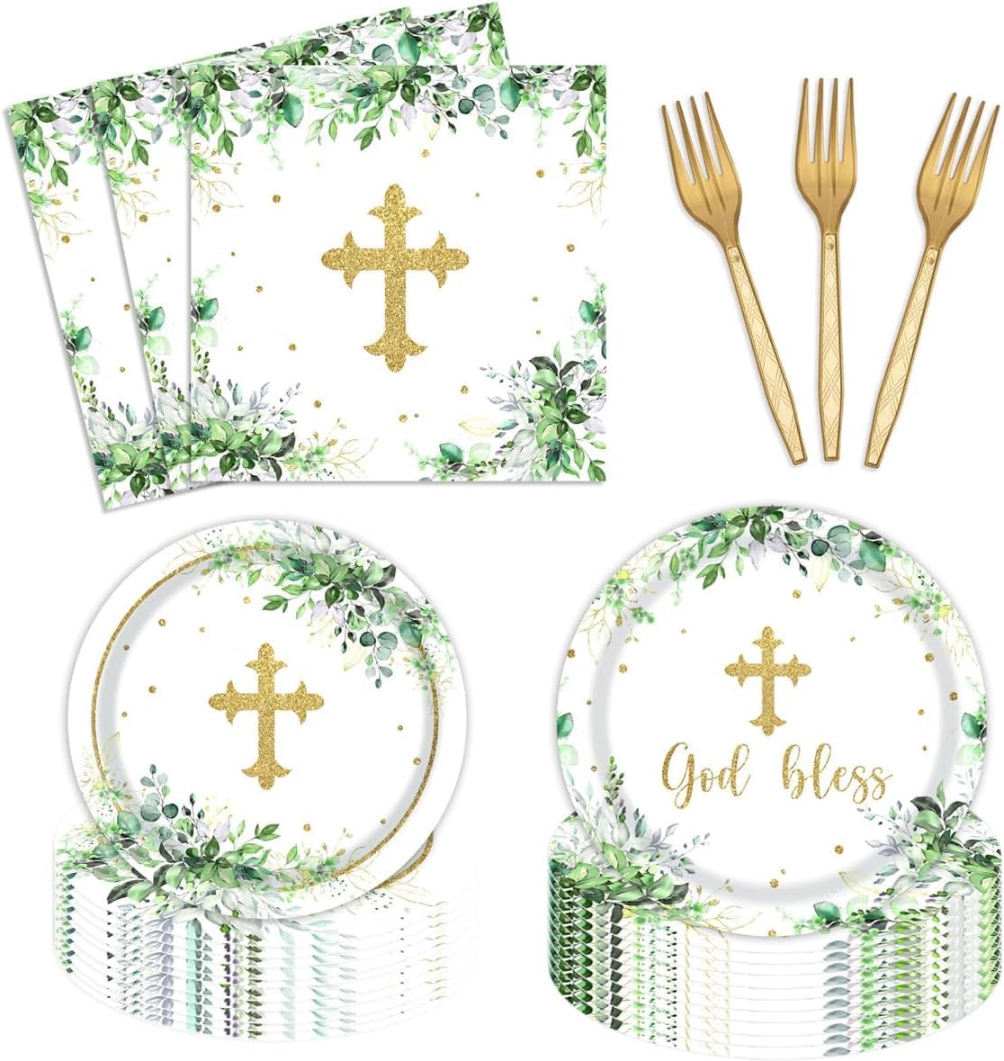 Amazon.com: Greenery God Bless Paper Plates and Napkins, 96 Pcs Baptism ...