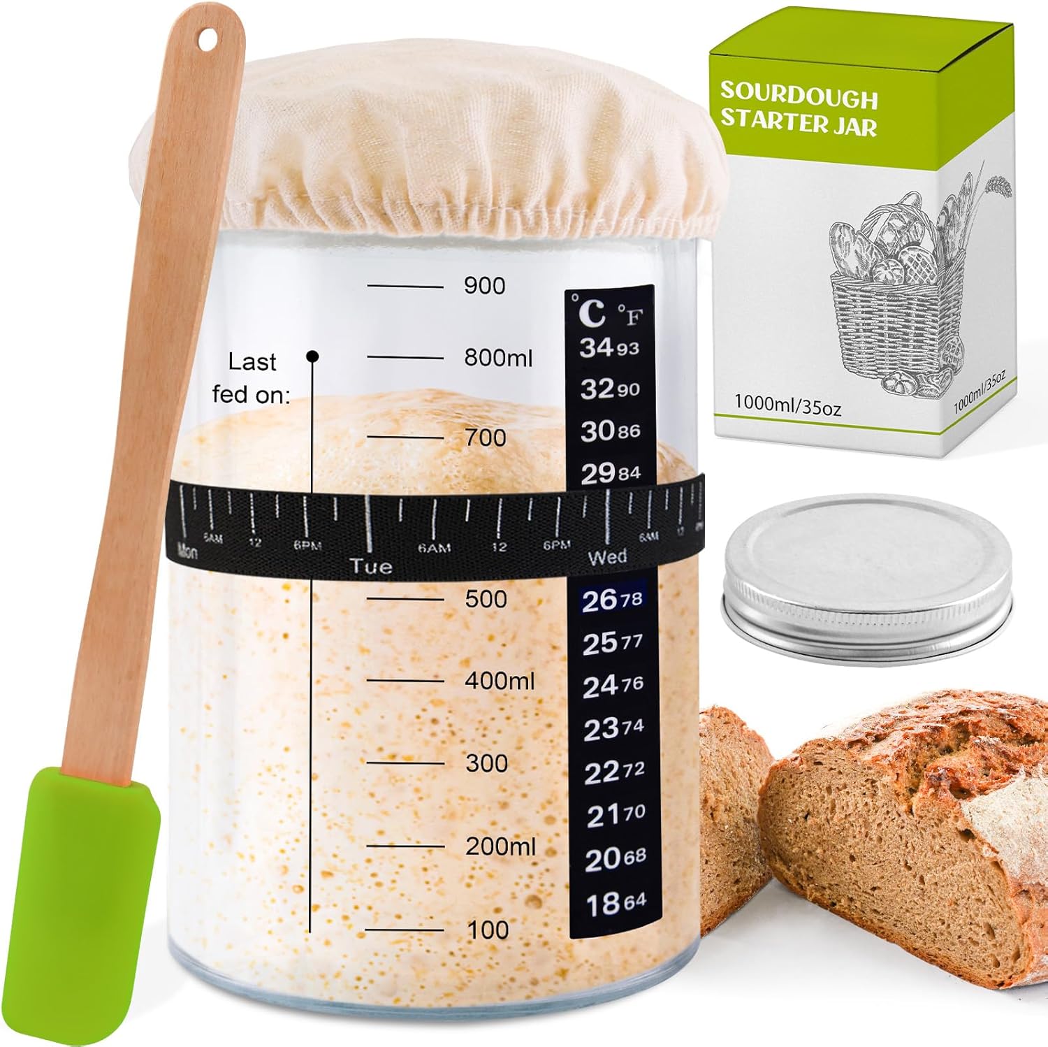 Amazon.com: WAVEWISE Sourdough Starter Jar Kit 1000ml - Large Glass Jar ...